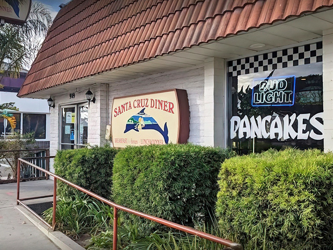 Palm trees frame the iconic red-tiled roof of Santa Cruz Diner, where the checkered sign promises pancakes and California dreams in equal measure.