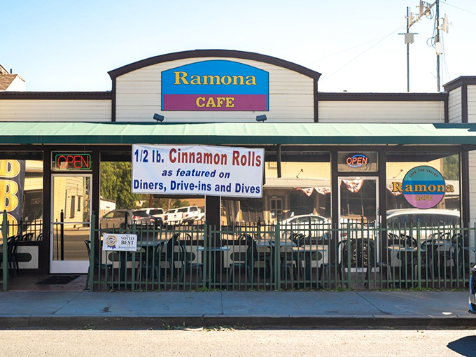 The unassuming exterior of Ramona Cafe proudly announces its claim to fame&mdash;half-pound cinnamon rolls that have achieved celebrity status in California's breakfast scene.