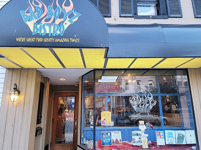 The unassuming exterior of Bad Boyz Bistro in Bedford hides culinary treasures within. That flame-adorned sign isn't just for show&mdash;it's a warning for your taste buds.
