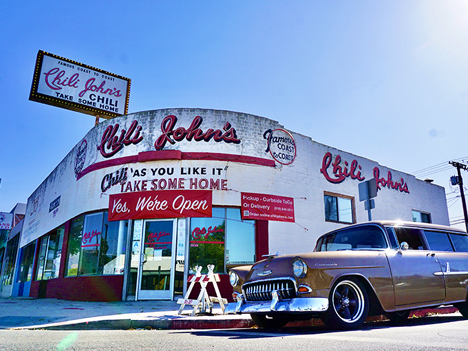 The iconic white exterior of Chili John's stands as a time capsule on Burbank Boulevard, complete with vintage signage that promises comfort in every bite.