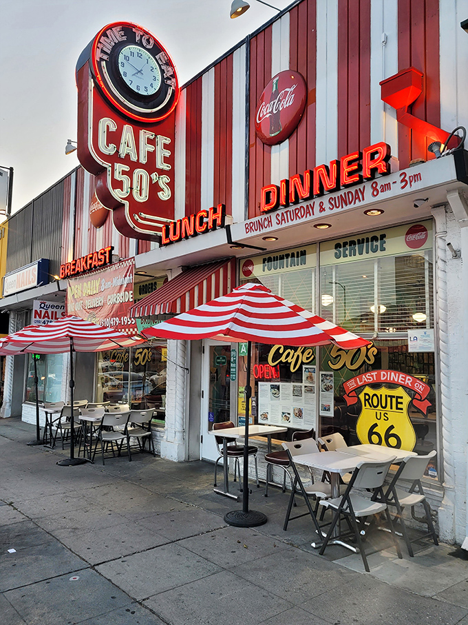 The red and white striped facade of Cafe 50's isn't just eye-catching&mdash;it's a time machine disguised as a diner on Santa Monica Boulevard.