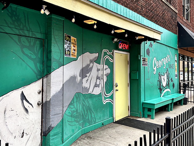 The emerald facade of George's Lounge stands out in Canton's arts district like a culinary beacon, complete with wolf mural and the promise of delicious adventures within. 