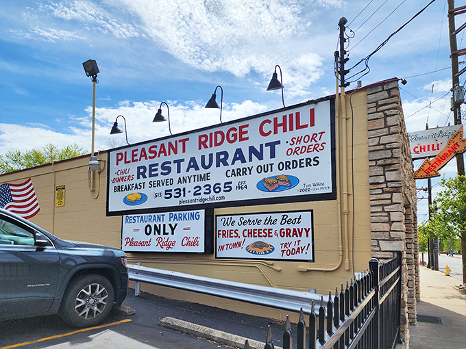 The stone facade and vintage signage of Pleasant Ridge Chili stands as a beacon of comfort food in Cincinnati. Breakfast anytime? Now that's my kind of place!