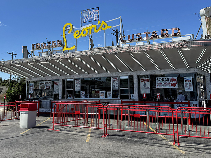 The iconic neon signage of Leon's glows like a beacon of dairy-based hope against the Milwaukee sky, a mid-century masterpiece that's outlasted countless food trends.