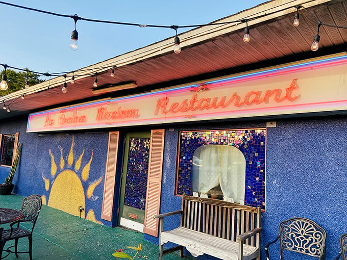 The electric blue exterior of La Cocina isn't just a building&mdash;it's a mood announcement. Those string lights promise a fiesta before you even reach for the door handle.