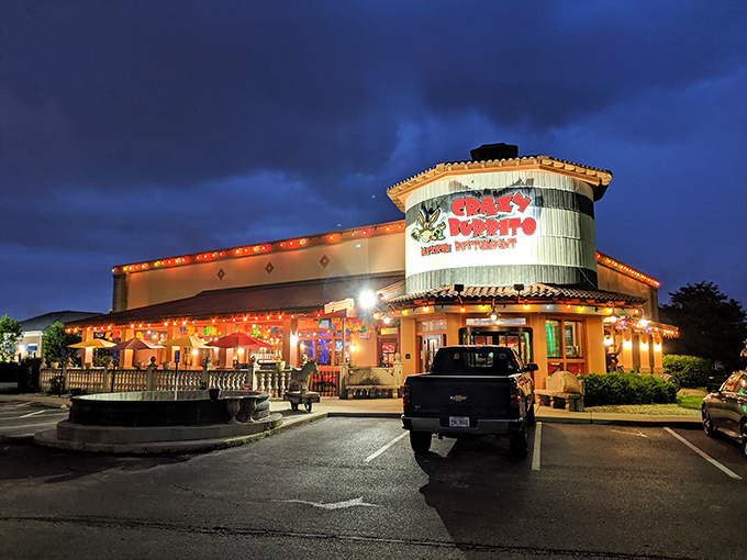 The unmistakable cylindrical turret of Crazy Burrito stands like a beacon of hope for hungry travelers. Mexican food architecture at its most inviting! 