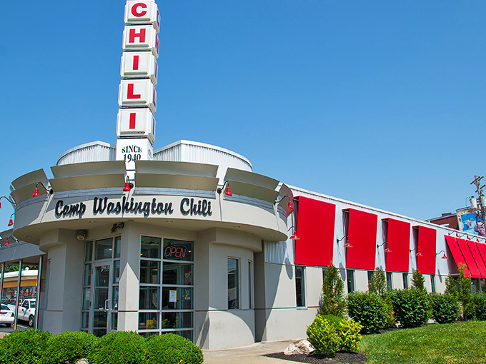 The iconic vertical CHILI sign stands like a mid-century beacon, guiding hungry souls to this Cincinnati landmark since 1940.