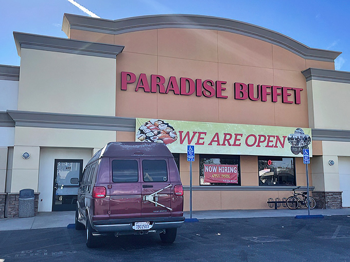 The unassuming exterior of Paradise Buffet in Montebello hides culinary treasures within, like finding a diamond in a strip mall setting.