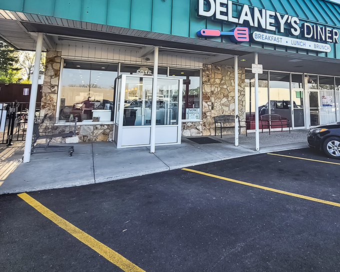 That teal awning isn't just a color choice—it's a beacon of breakfast hope in Westerville's strip mall landscape. Stone facade adds a touch of rustic charm.