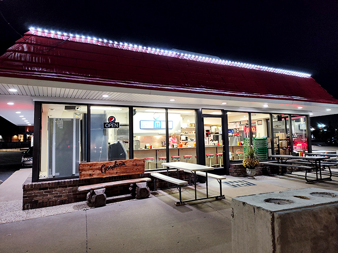 That iconic red roof and vintage sign aren't just decoration&mdash;they're time machines disguised as architecture. Americana served daily.