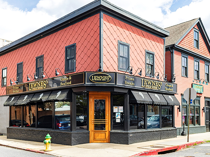 The iconic red exterior of Lewnes' stands like a beacon for carnivores in Eastport. That wooden door has welcomed generations of serious steak enthusiasts.