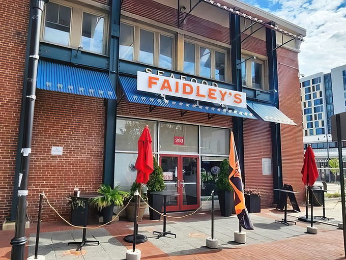 The iconic blue awning of Faidley's stands like a beacon for seafood pilgrims. Baltimore's culinary cathedral has been converting the uninitiated for generations.