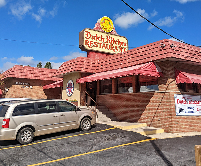 The iconic red-roofed Dutch Kitchen stands like a beacon of comfort food along Route 61, complete with charming tulips greeting hungry travelers.