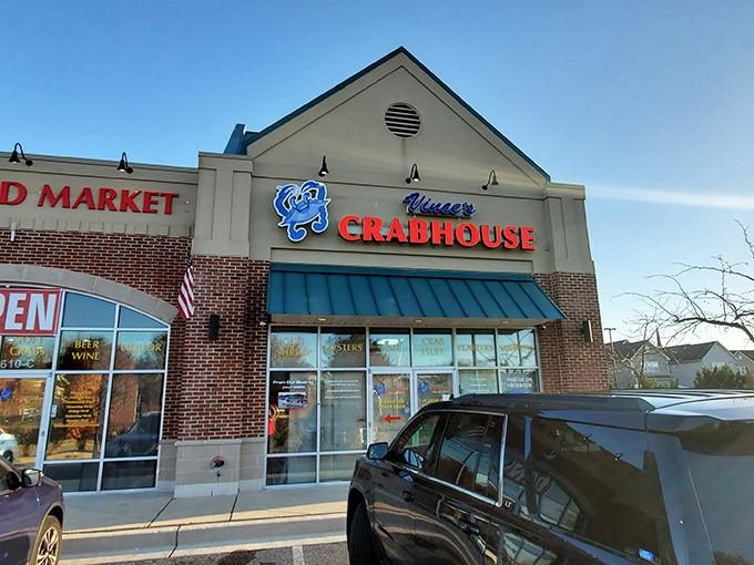 That cheerful blue crab mascot practically winks at you from the storefront, promising crustacean adventures ahead.