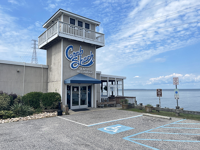 The watchtower-like structure isn't just for show&mdash;it's your lighthouse to seafood nirvana, perched right on the James River with views that rival the food.