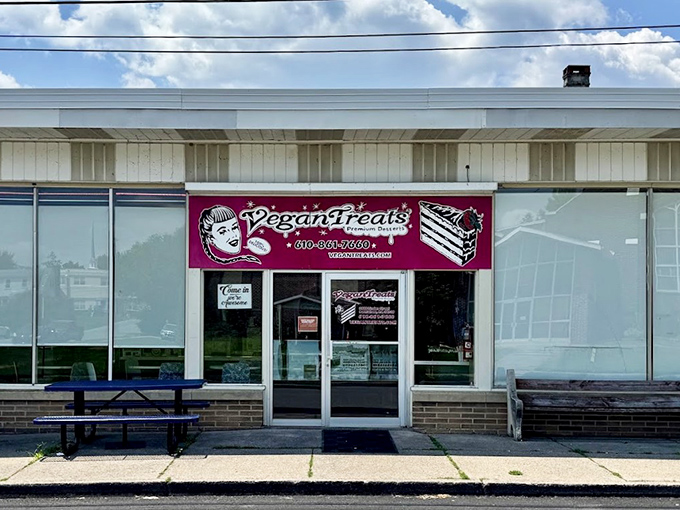 The pink storefront of Vegan Treats beckons like a dessert oasis in Bethlehem. That retro signage isn't lying&mdash;premium desserts await inside.
