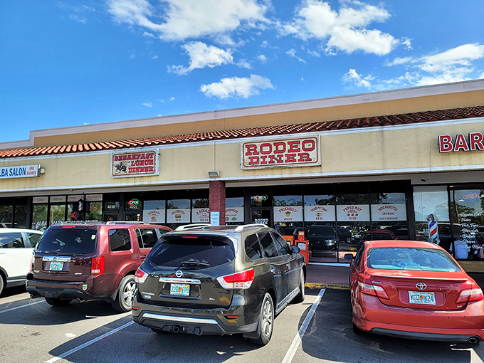 The unassuming strip mall exterior of Rodeo Diner promises what Florida locals already know: authentic flavor doesn't need fancy packaging.