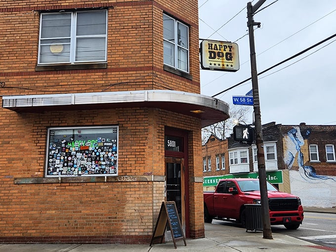 The corner brick building with its vintage sign beckons like an old friend. Happy Dog's unassuming exterior hides Cleveland's hot dog paradise within.