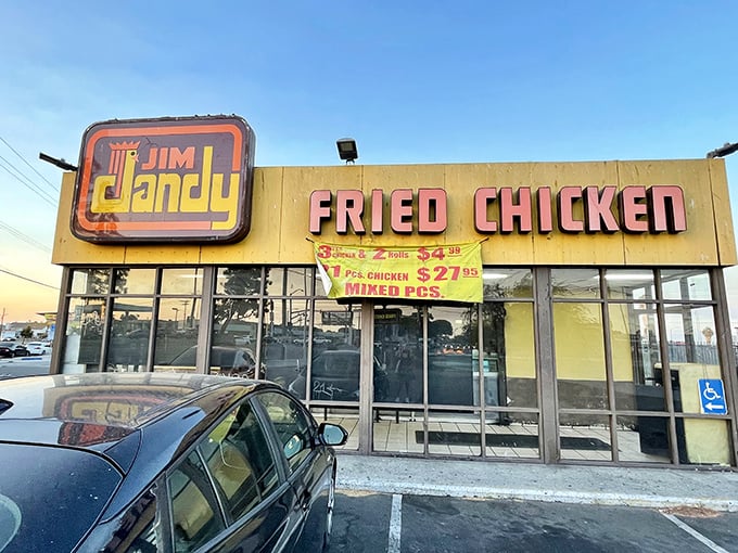 The iconic yellow facade and retro signage of Jim Dandy stands as a beacon of fried chicken perfection in South Los Angeles.
