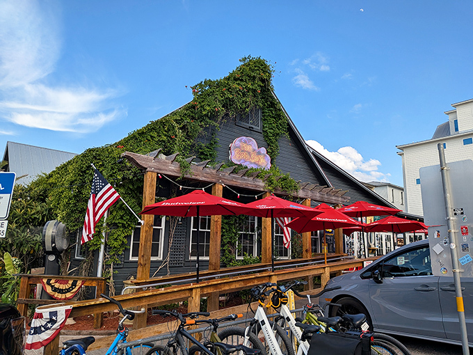 The vine-covered cottage of The RedBar stands like a bohemian oasis amid Santa Rosa Beach's pristine shores, red umbrellas beckoning hungry travelers inside.