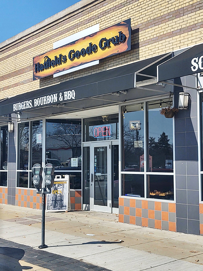 The storefront promises "Burgers, Bourbon & BBQ" – three words that could make even a full person suddenly hungry again.