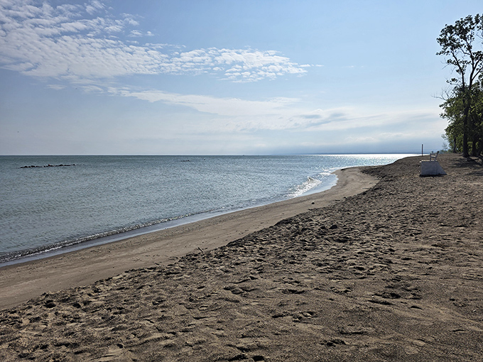 Miles of golden shoreline stretch into the distance, where Lake Erie's gentle waves create nature's own meditation soundtrack.