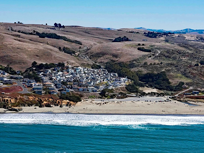 Aerial dreams come true! Dillon Beach nestles between golden hills and the vast Pacific, like California's version of a perfect sandwich.