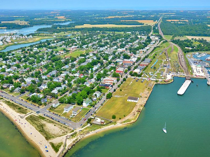 Aerial dreams come true in Cape Charles, where colorful beach homes line the shore like a seaside neighborhood designed by Wes Anderson himself.