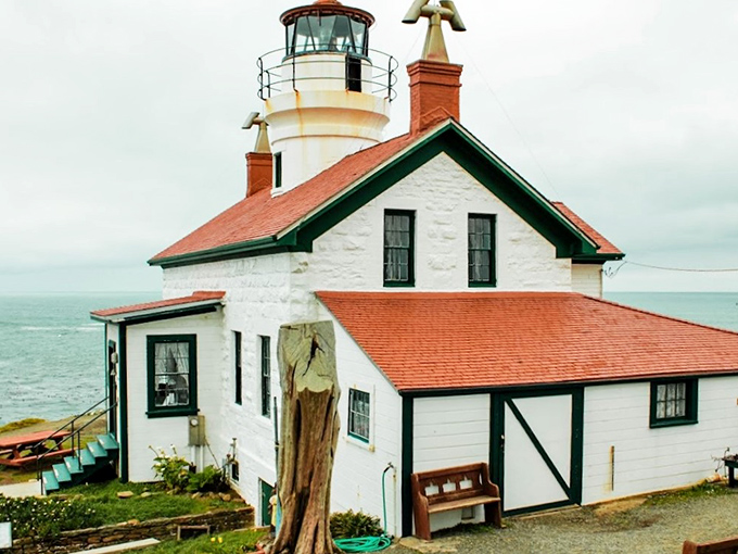 The quintessential lighthouse fantasy come to life&mdash;white walls, red roof, and that perfect perch above the Pacific. New England charm with a California address.