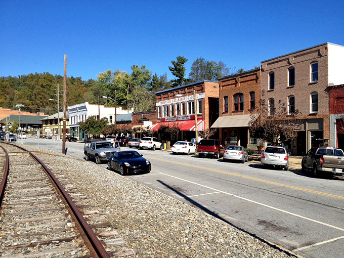 Main Street Saluda, where time slows down and the railroad tracks remind you this town has stories to tell. History and charm in perfect harmony.