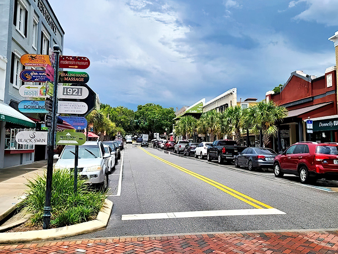 Downtown Mount Dora's colorful directional signs point the way to adventure, like a treasure map for grown-ups with better restaurants at the end.