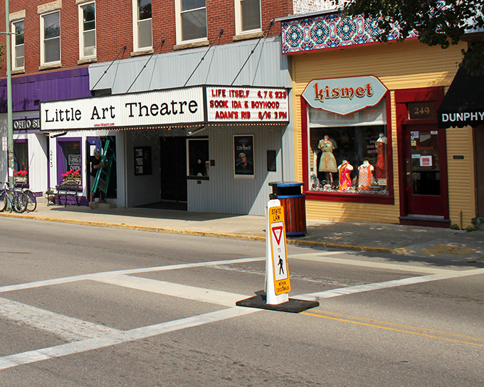 Downtown Yellow Springs offers a perfect blend of small-town charm and artistic flair, with the historic Little Art Theatre anchoring the vibrant streetscape.