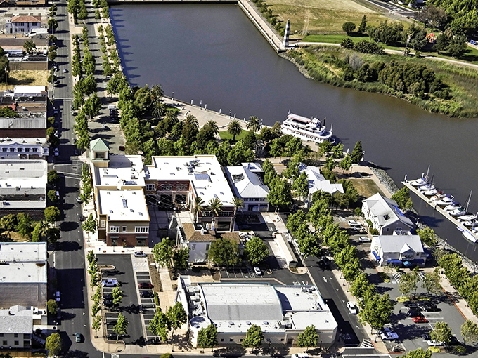 From this bird's-eye view, Suisun City looks like someone designed the perfect small town waterfront for a movie set&mdash;except it's gloriously real. 