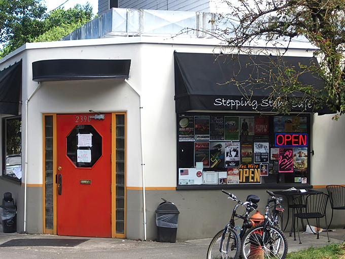 That iconic red door isn't just an entrance&mdash;it's a portal to breakfast nirvana. Stepping Stone's exterior promises comfort without pretension.