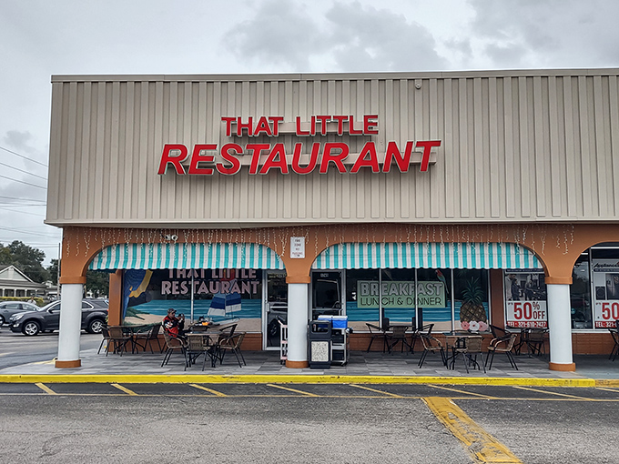 The red lettering against beige siding might not scream "culinary destination," but trust me&mdash;this unassuming strip mall facade hides breakfast treasures worth waking up for.