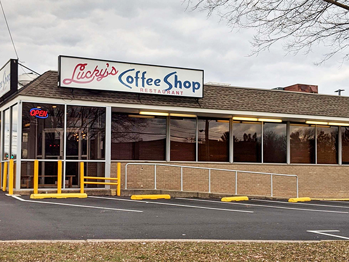 That iconic Lucky's sign promises more than coffee – it's advertising a time machine disguised as a diner in Wilmington.