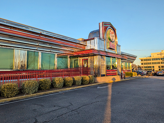 The gleaming chrome exterior of Double T Diner catches the morning sun like a beacon, promising comfort food and nostalgia in equal measure.