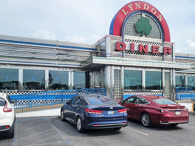 The gleaming stainless steel exterior of Lyndon Diner shines like a beacon of hope for hungry travelers. Classic Americana at its finest.