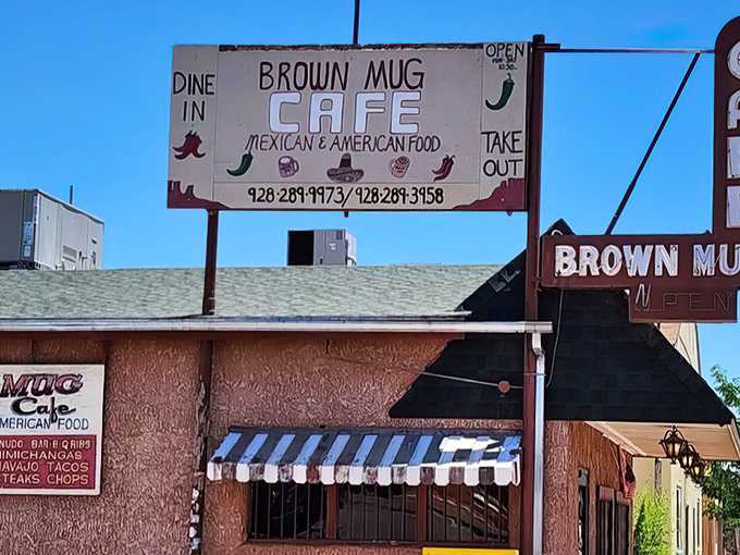 The pink stucco exterior of Brown Mug Cafe stands like a culinary oasis in Winslow, promising Mexican-American comfort food that transcends its humble appearance.