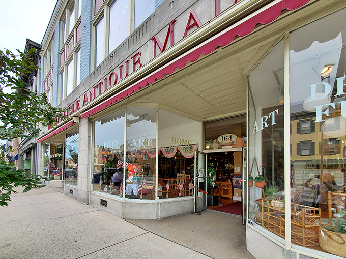 The iconic blue facade of The Carlisle Antique Mall stands proudly on Hanover Street, a siren call to treasure hunters and nostalgia seekers alike.