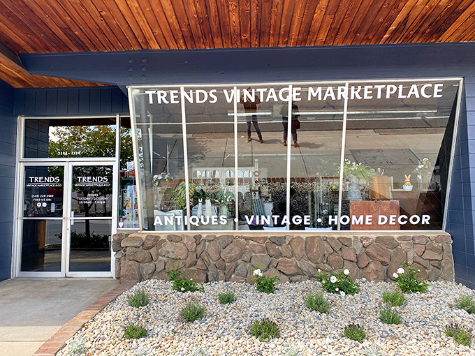 The unassuming exterior of Trends Vintage Marketplace belies the wonderland within. Blue walls and warm wooden accents invite treasure hunters to step inside.