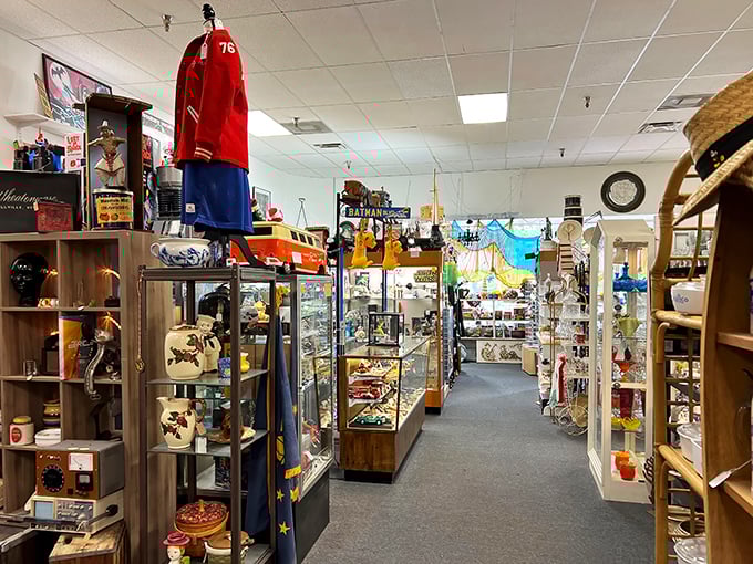 The unassuming exterior hides a universe of treasures within. Like finding a portal to the past disguised as a strip mall storefront.