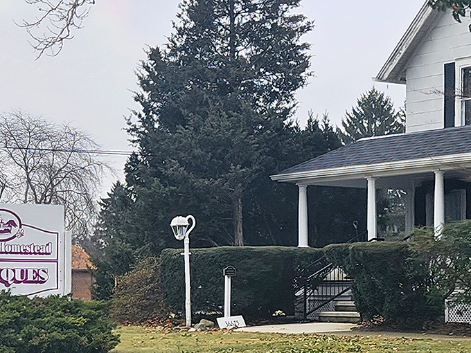 The classic white farmhouse with black shutters stands like a time capsule among fiery maple trees, beckoning treasure hunters with promises of yesterday.