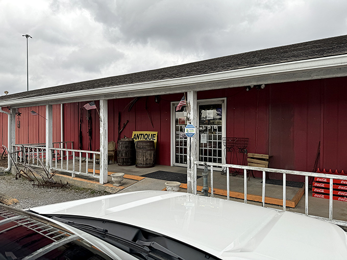The unassuming red exterior of Antique Village Mall is like a poker player with a royal flush&mdash;not giving away the treasures that await inside.