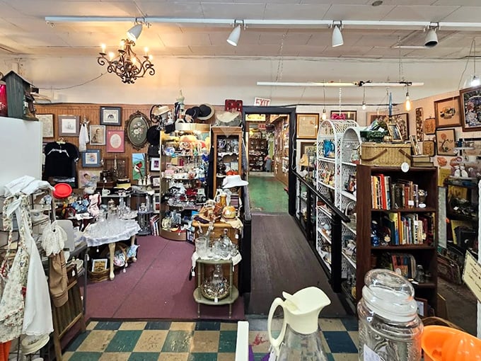 Every aisle tells a story at Rare Birds Antiques, where the checkerboard floor leads you through decades of American memories waiting to be rediscovered.