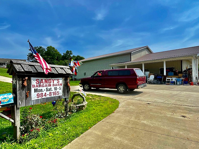 The unassuming exterior of Sandy's Bargain Barn belies the wonderland within. Like a treasure chest disguised as a toolshed, it beckons bargain hunters from miles around.
