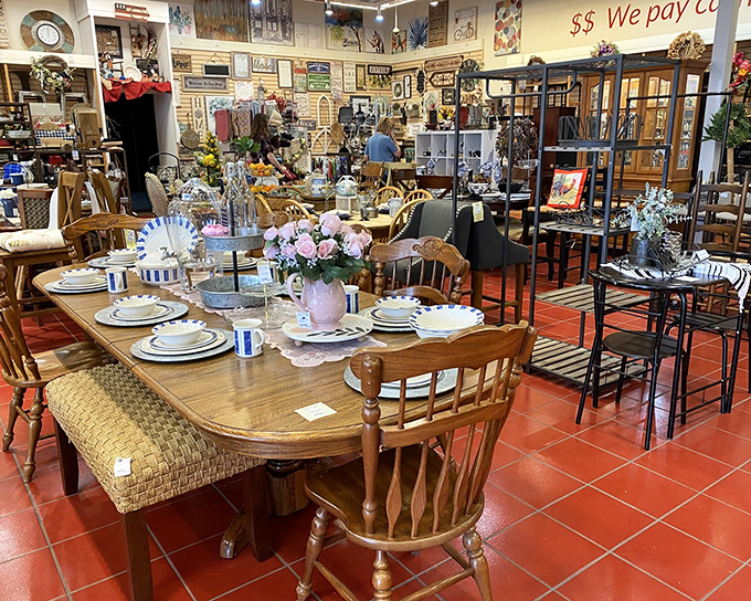 A treasure hunter's paradise awaits! Beautifully staged dining sets invite you to imagine Sunday dinners with family around these well-loved tables.