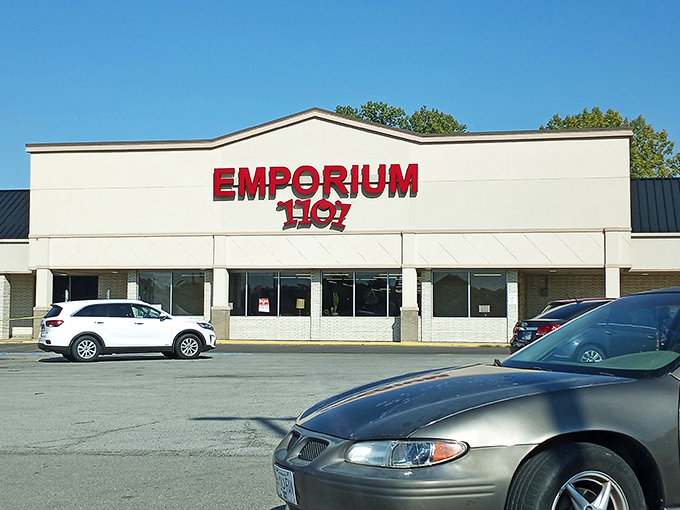 The iconic red signage of Emporium 1101 stands out against the Anderson skyline like a beacon for bargain hunters everywhere.