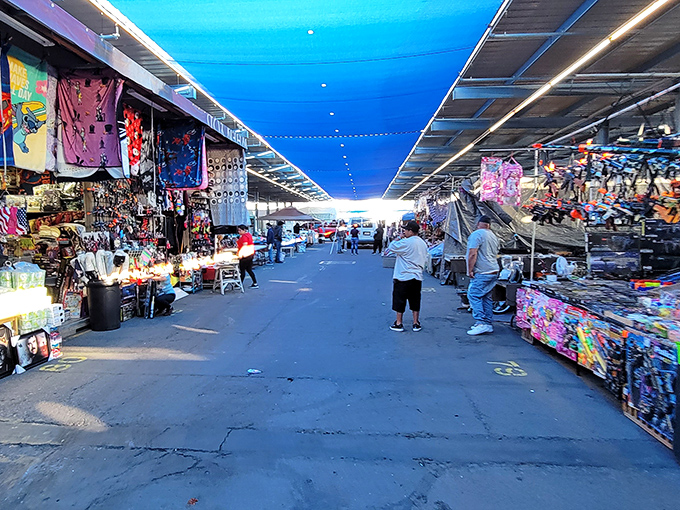 The blue canopy stretches like an Arizona sky above this treasure-seeker's highway. Vendors line both sides, their wares beckoning with silent promises of undiscovered bargains.