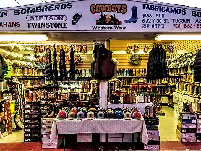 Boot paradise awaits! This western wear vendor showcases a dazzling array of cowboy boots and Stetsons that would make John Wayne himself stop in his tracks.
